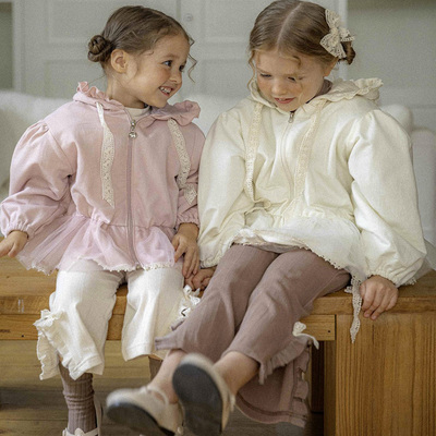 2025秋季韩国童装正品OREN女童公主蕾丝荷叶花边连帽可爱宝宝外套