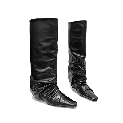 水洗马皮复古秋冬尖头猫跟裤管靴时尚皮带扣黑色不过膝直筒长靴