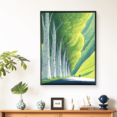 参天树白杨装饰画仿油画风景成品自然清新高级感绿色卧室客厅挂画