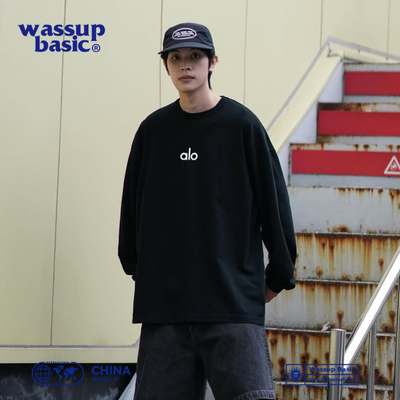 wassup basic美式休闲alo字母硅胶印花长袖t恤男纯棉宽松百搭上衣