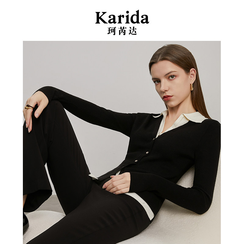 Karida/珂芮达【黑白配】翻领V领显瘦假两件含羊毛毛衣针织衫_虎窝淘