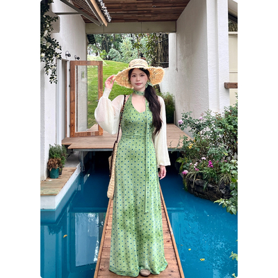 糯米子[点点心动]法式度假风波点挂脖女飘带V领掐腰显瘦连衣裙