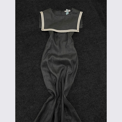 高级感黑色亚麻海军领无袖连衣裙子2025新款女装夏季今年流行爆款