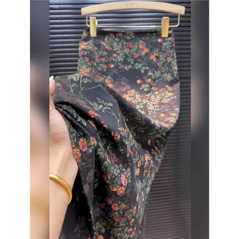 清仓一线品牌专柜黑色碎花气质直筒裙高级感显瘦百搭包臀半身裙