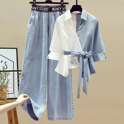 jeans slim shirts two-piece fake patchwork womens suits