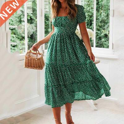 Vestidos Vintage Vintage Print Puff Sleeve summer Beach swee