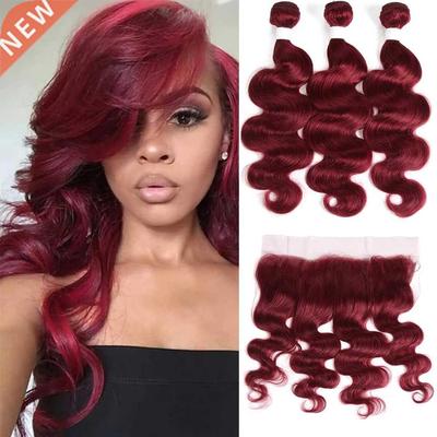 Burgundy Body Wave Bundles With Frontal 13x4 Lace 99J Red Br