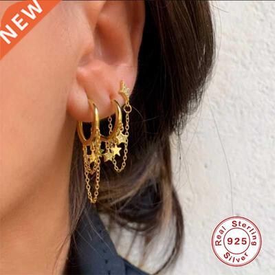 100% Soild 925 Sterling Silver Chain Tassel Earring Star Hoo