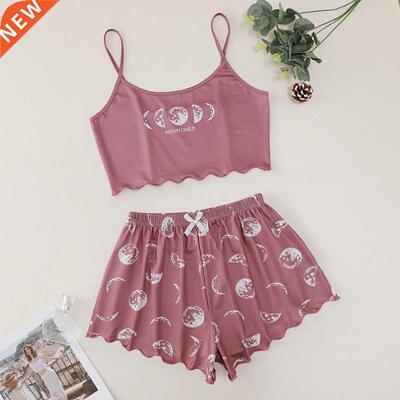 Spaghett Strap Letter Prnt Pajama Set Sleeveless Trm Pyja