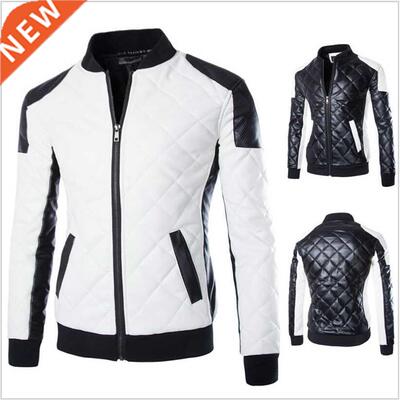 New Fashion PU Leather Jacket Men Black White Solid Mens Fau