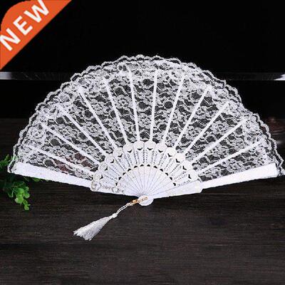 Women's lace hand fan, black and white fabric, foldable,
