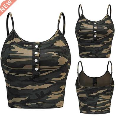 35# Summer Camouflage Print Crop Top Women Sleeveless O-neck