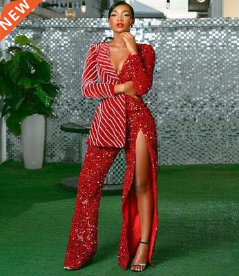Red 2021 Sequined Jumpsuit Prom Dresses Aso Ebi Arabic Long
