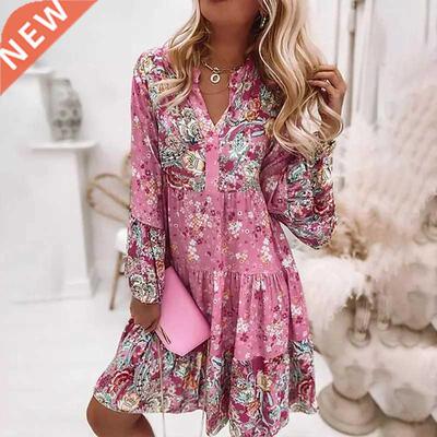 Neck Ruffle Mini Dress Elegant Flared Sleeves Beach Women