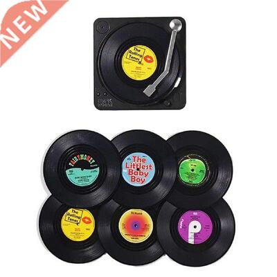 6PCS CD Drink Coaster Set With Record Player Holder M1