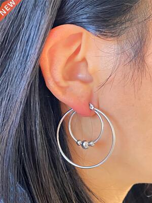 2Pc Stainless Steel Exaggerated Round Bead Hoop Earring Wome