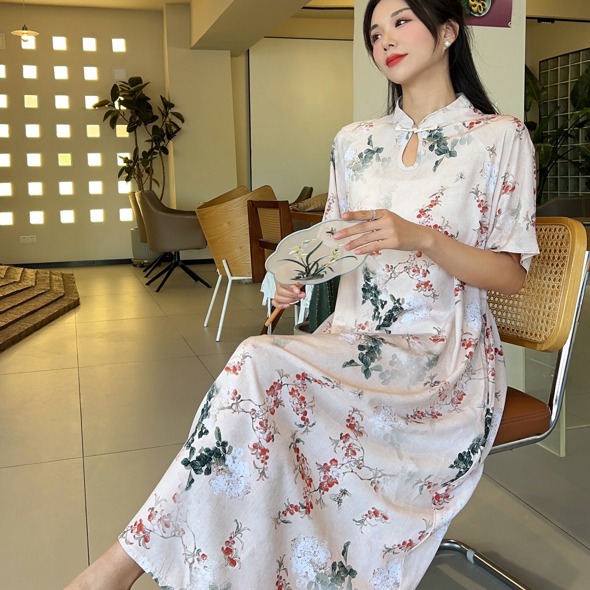 新中式棉绸连衣裙女夏季收腰显瘦改良旗袍大码气质短袖人造棉裙子