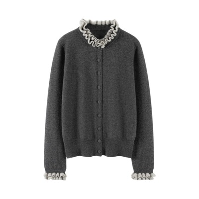 康赛妮100纯羊绒波浪立领巴洛克风格开衫柔软亲肤秋冬保暖针织衫