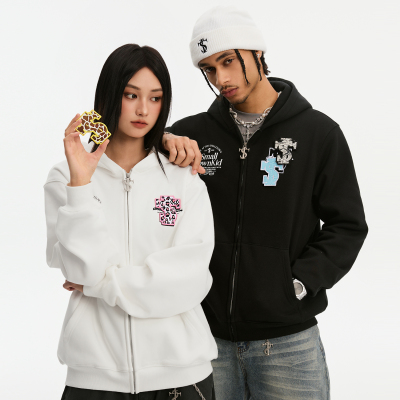 STK SmallTownKid 动物纹理LOGO魔术贴 开衫卫衣春秋情侣帽衫外套