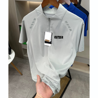 VDOUT户外运动速干短袖T恤男子半拉链反光条骑行衣健身跑步春夏季