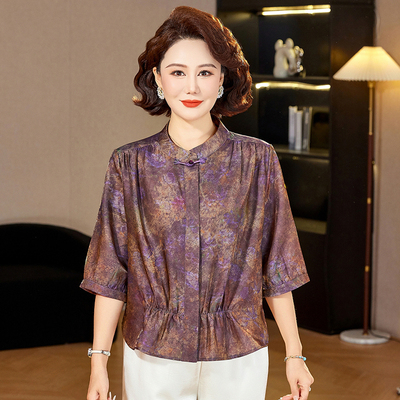 夏季新中式真丝印花妈妈衬衫