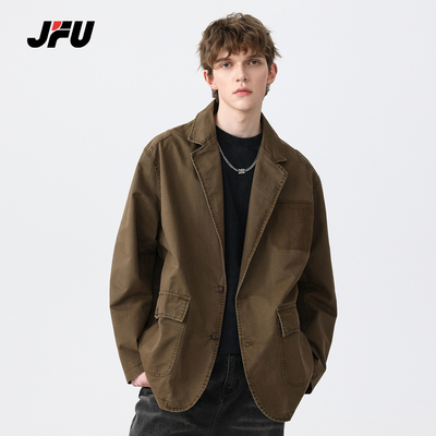 JFU2024秋冬季休闲西装外套男宽松美式复古水洗高级感中长款夹克