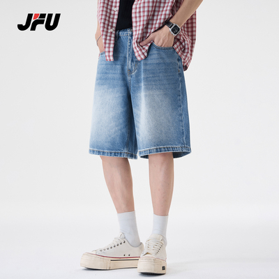JFU潮牌复古做旧牛仔五分短裤