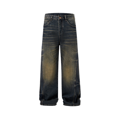 JFU春秋季美式复古cleanfit休闲直筒牛仔裤男宽松阔腿vintage裤子