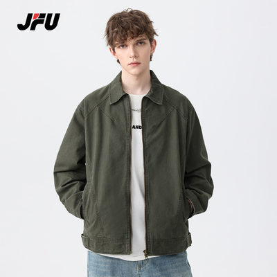 JFU2024秋冬美式重磅水洗磨烂短款机车风夹克街头复古宽松外套男