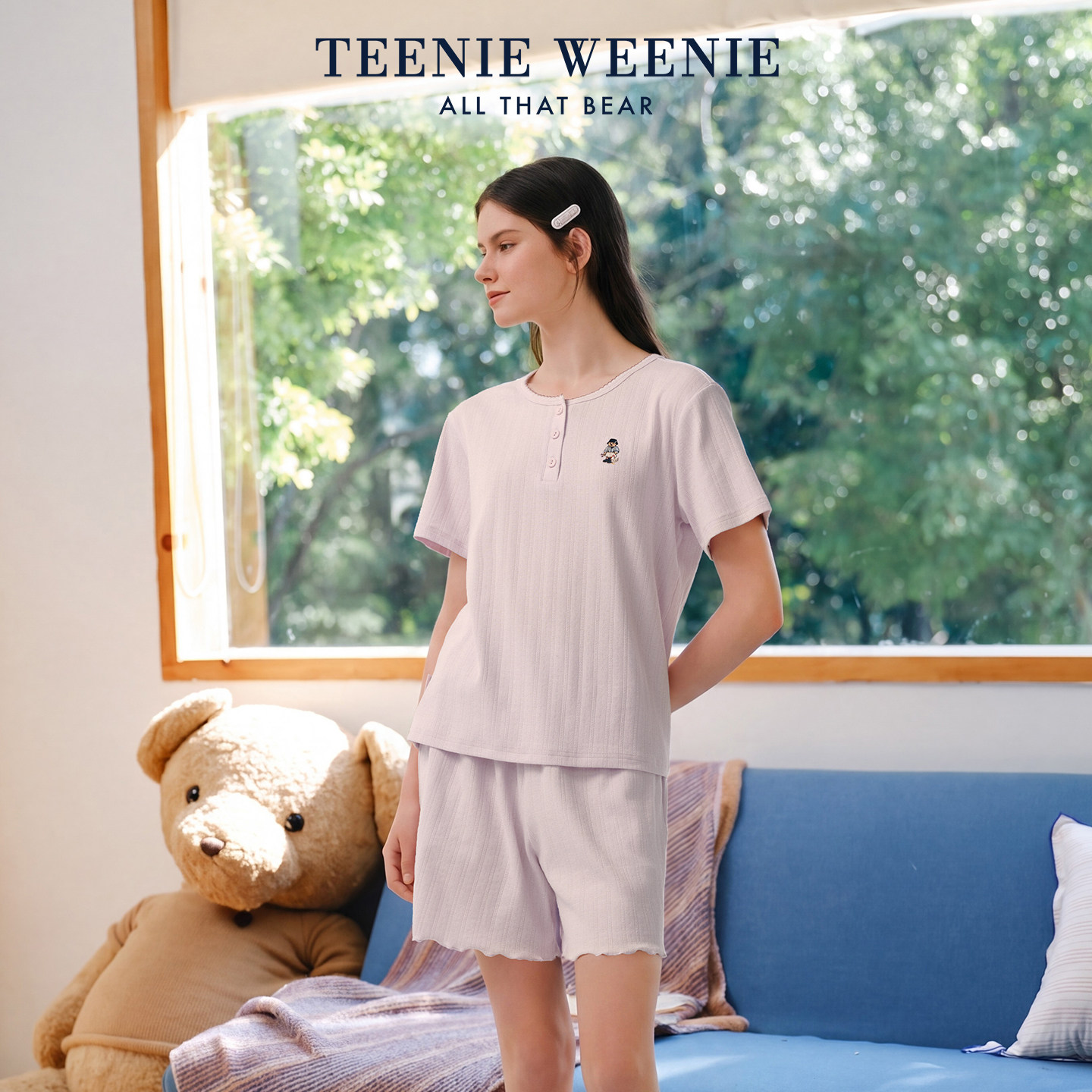 TeenieWeenie棉提花睡衣女2026新款夏季短袖睡衣上装纯棉家居服