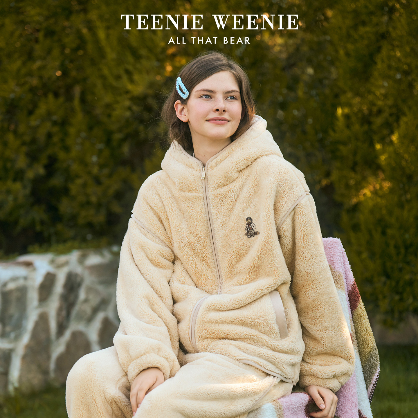 TeenieWeenie小熊女士连帽睡衣秋冬季加绒加厚保暖家居服套装男