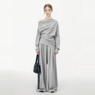 SURE ENOUGH春季新品松弛感廓形慵懒休闲宽松斜肩上衣+裤子套装女