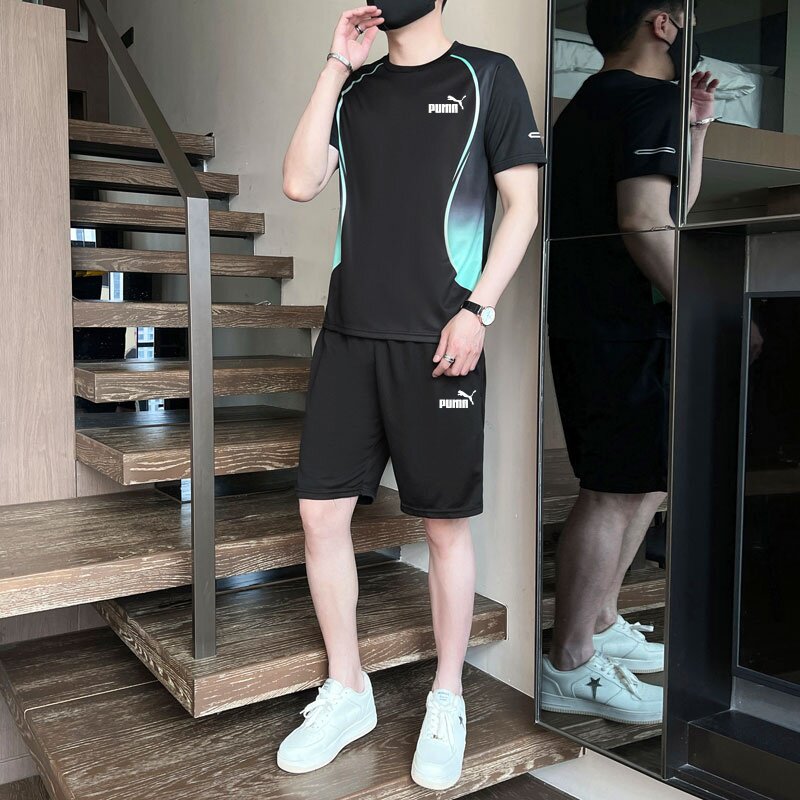 奥莱专柜冰丝运动套装男士夏季短袖短裤速干透气跑步健身两件套