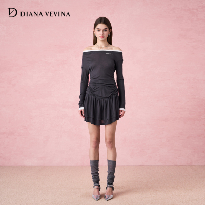 DIANAVEVINA秋季新款撞色拼接一字肩连衣裙女修身褶皱中长裙