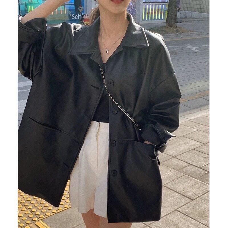 韩国帅气翻领单排扣皮衣外套女秋季新款宽松百搭仿皮夹克上衣黑色