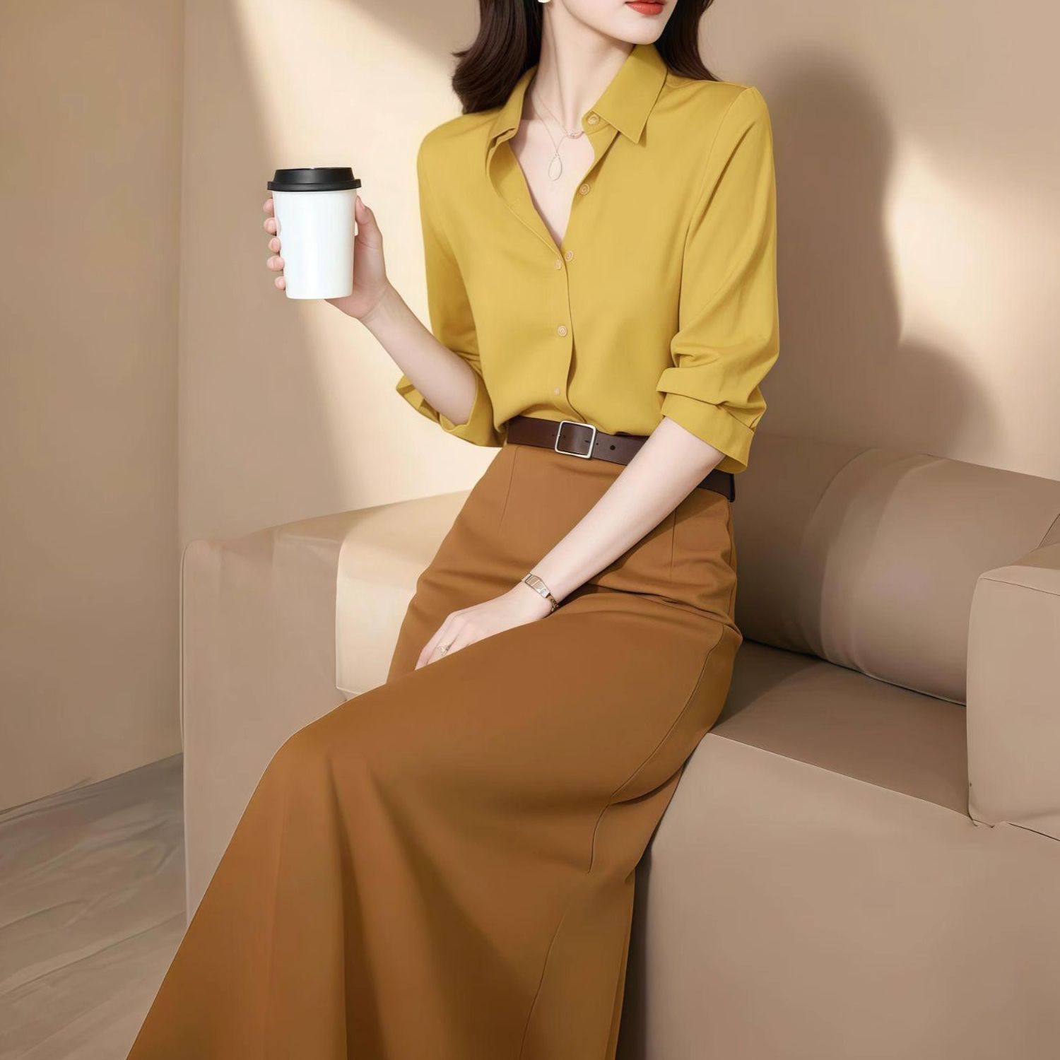 春秋季套装女2025新款盐系炸街黄色衬衫上衣包臀半身裙职业时尚套