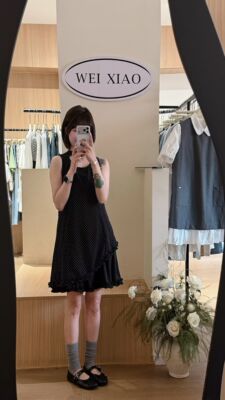 Eter 夏韩系甜美波点V领拼接花边连衣裙女设计感小众别致背心裙