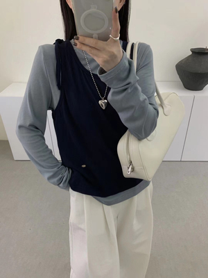 Eter 韩春季灰色小个子背心马甲女修身长袖打底针织衫两件套
