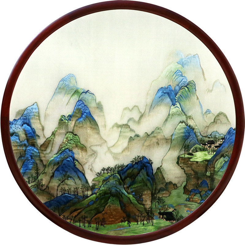 苏绣成品挂画圆形山水千里江山图现代简中客厅玄关装饰画手工刺绣