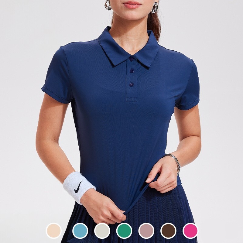 运动速干衣t恤女纯色休闲翻领高尔夫POLO衫短袖弹力户外网球服女