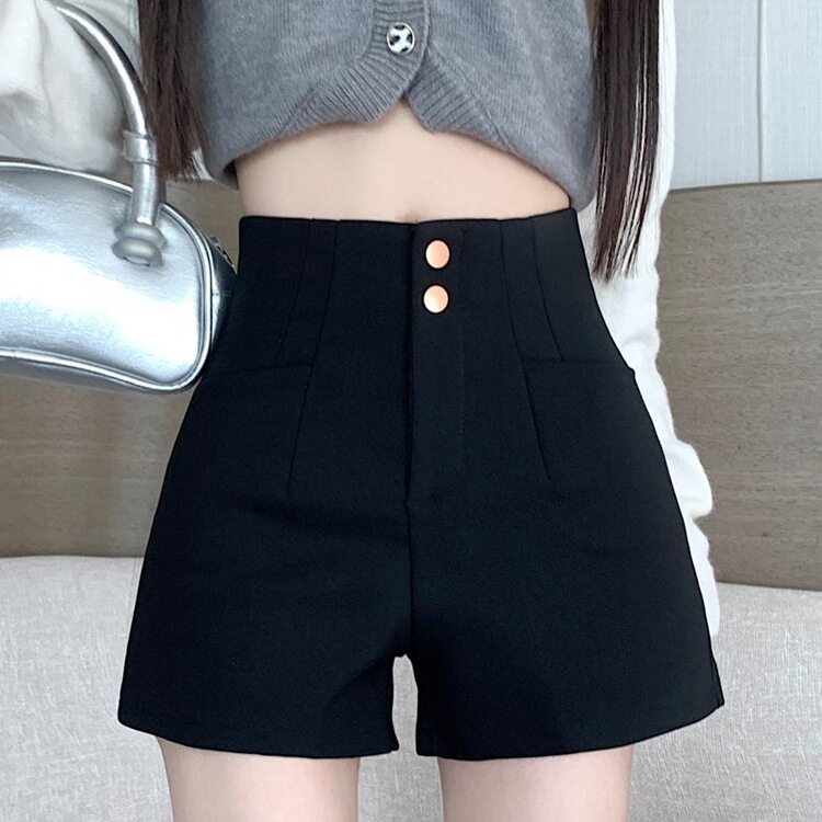 黑色西装短裤女夏季2025款外穿高腰弹力显瘦下半身失踪A字靴裤