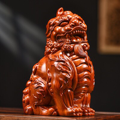 速发业梨木雕招财貔貅摆件木实公母一对独角双角皮丘工艺品开花送