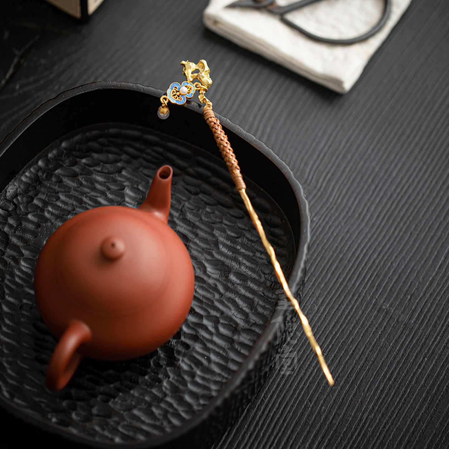 圭隐堂纯手工藤编纯铜茶针中式复古家用黄铜茶匙茶拔功夫茶道零配