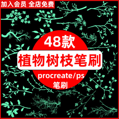 植物树叶树枝叶子枝条装饰图案插画绘画素材procreate笔刷ps笔刷