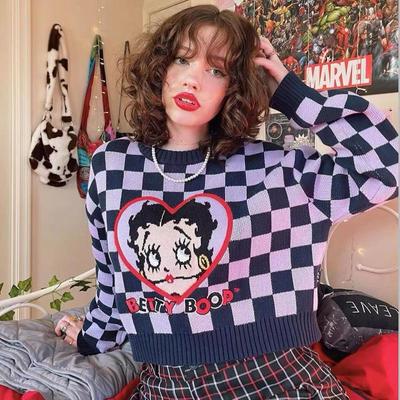 Women Sweater Embroidery Heart Betty Cute Checkerboard
