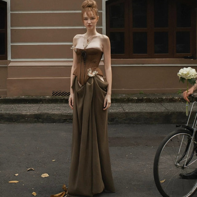 复古辣妹鱼骨抹胸长裙蝴蝶结拼接