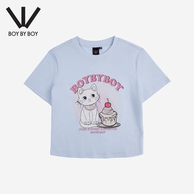 BOY BY BOY可爱卡通猫咪印花短袖T恤女蓝色圆领上衣