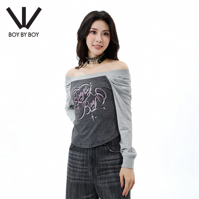 BOYBYBOY26秋新女装深浅灰撞色一字肩领口短款上衣针织长袖T恤