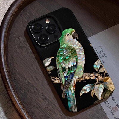 鹦鹉奇缘 象征爱情忠贞吉祥沟通适用于苹果16promax印花螺钿iPhone15pro菲林壳14Plus国风13mini鎏金12喜庆11