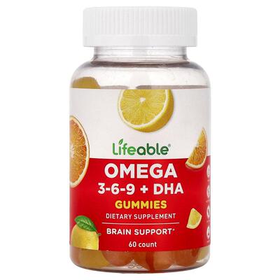 Lifeable,Omega 3-6-9 + DHA Gummies, Orange & Lemon, 60 Gummi